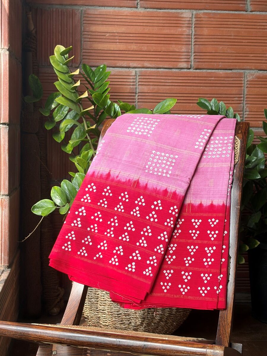 Onion Pink with Red Hand-knotted Bandhani on Kanchipuram Silk - Label Agai