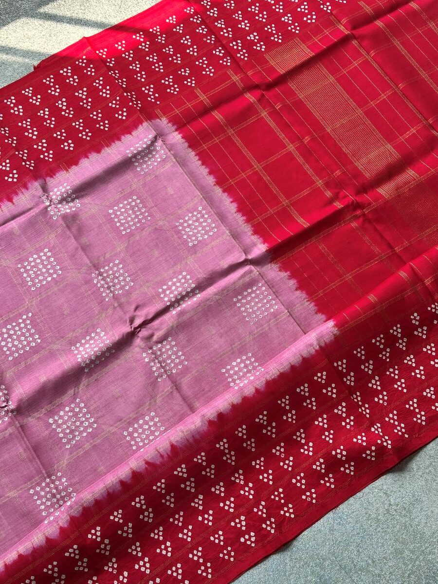 Onion Pink with Red Hand-knotted Bandhani on Kanchipuram Silk - Label Agai