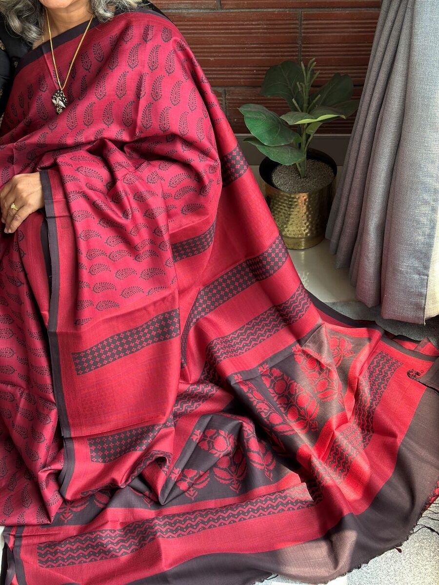 Red Mulberry Silk with Black Paisley Bagh Prints - Label Agai