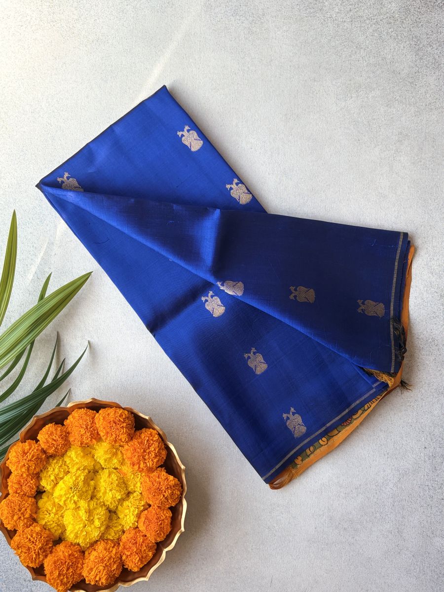 Royal Blue – Hand-painted Kalamkari Kanchipuram Silk - Label Agai