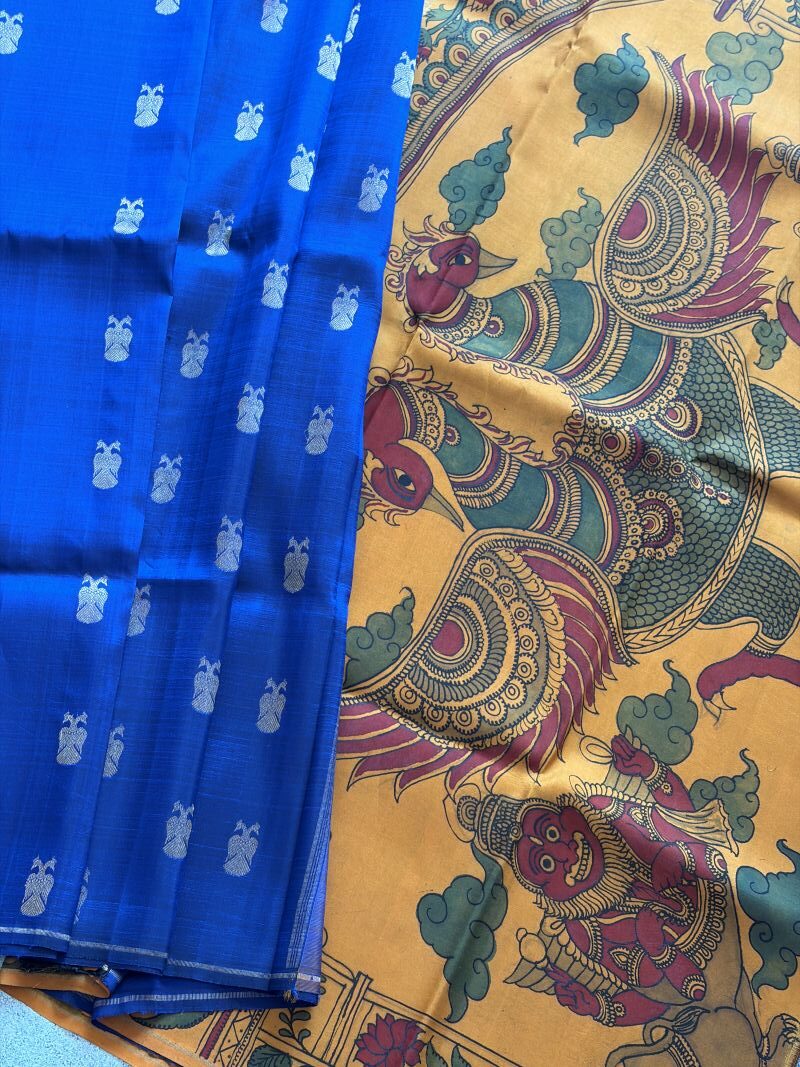 Royal Blue – Hand-painted Kalamkari Kanchipuram Silk - Label Agai