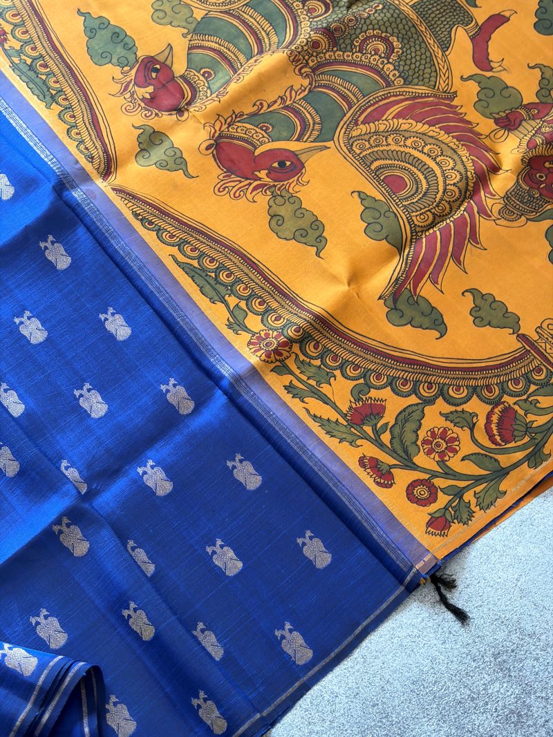 Royal Blue – Hand-painted Kalamkari Kanchipuram Silk - Label Agai